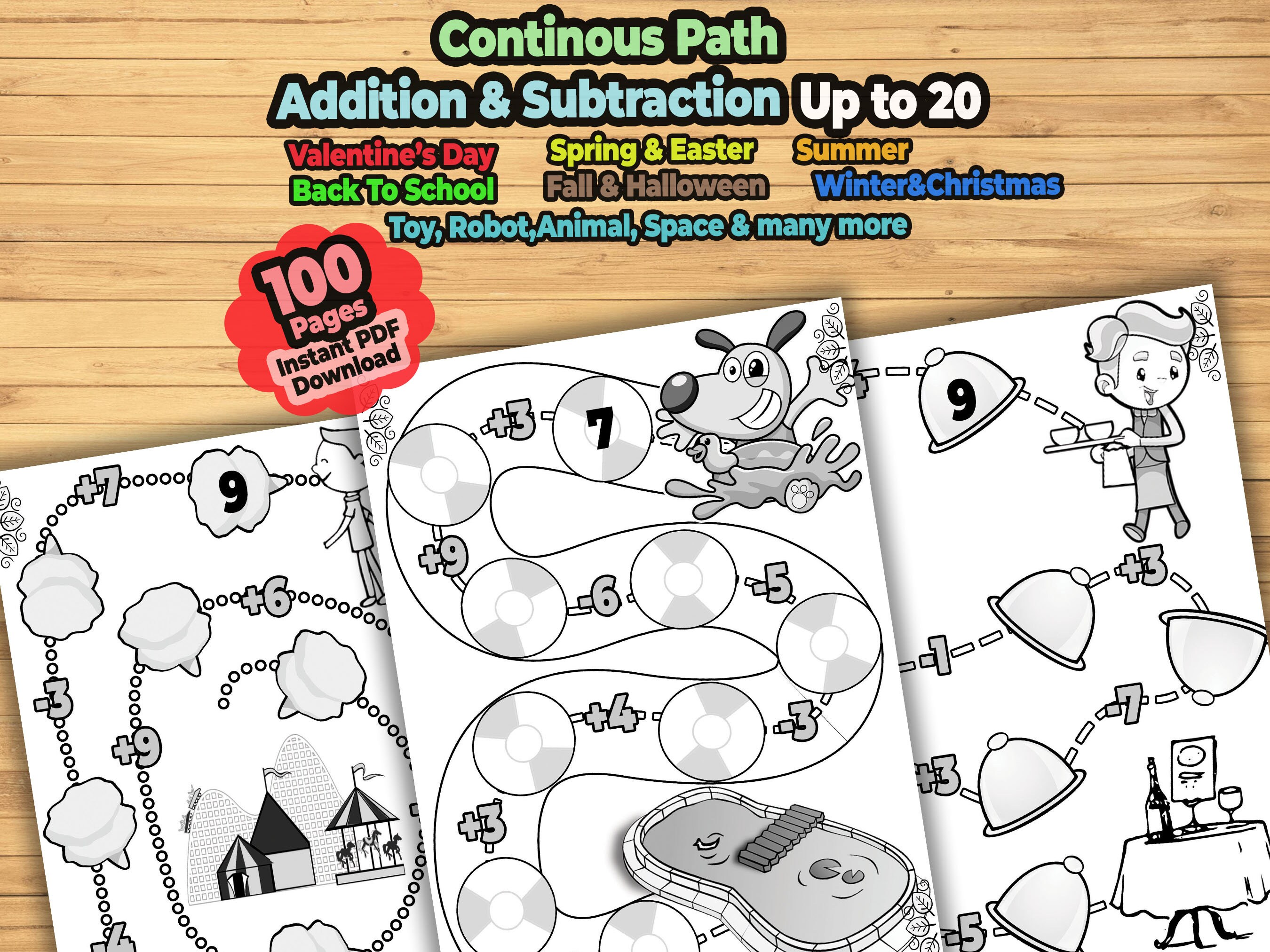 Addition & Subtraction Worksheets Mental Math Continuous Path up to 20 ...