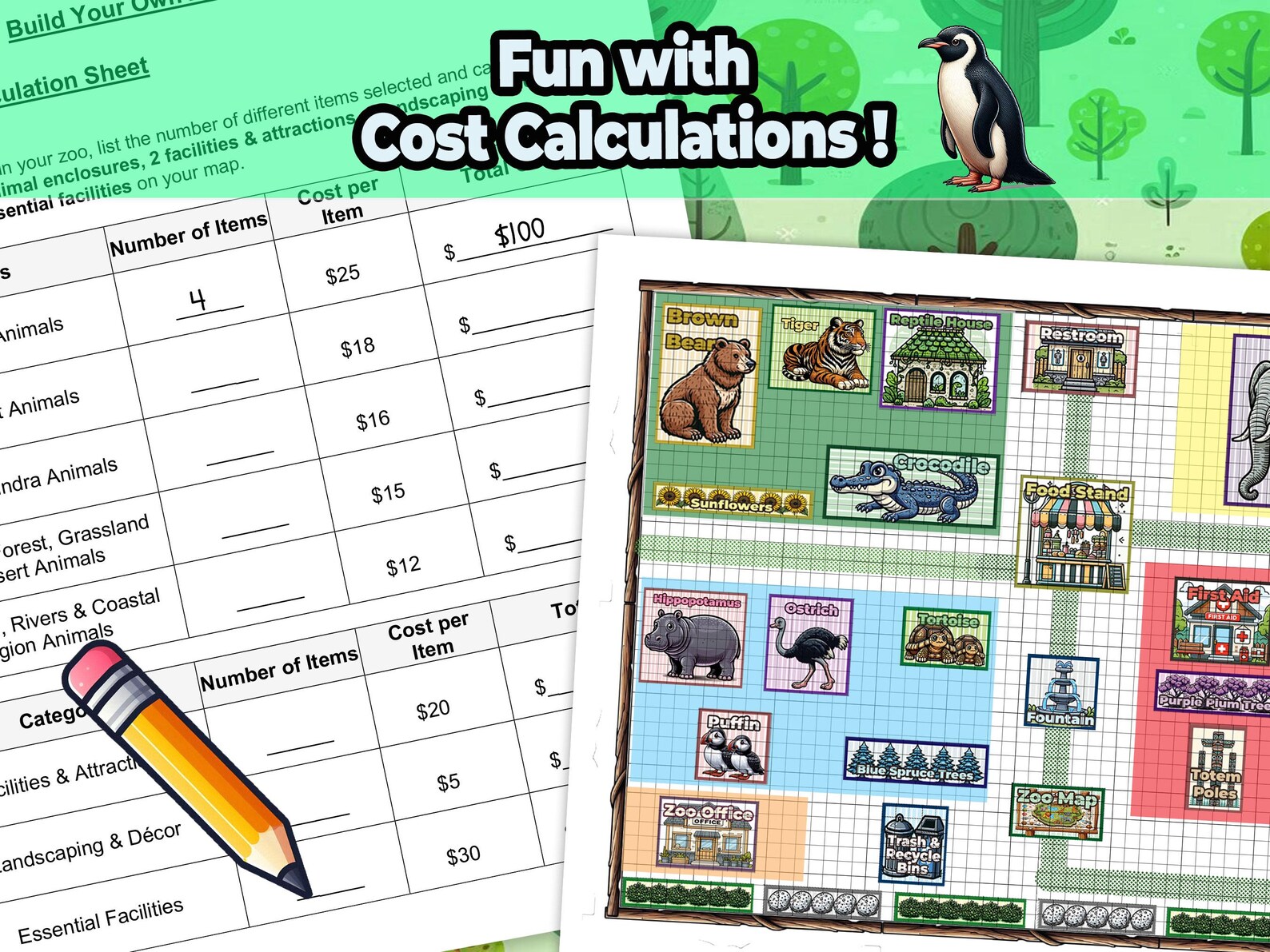 Area Perimeter Zoo Design Math Activity for Kids| Cost Calculations ...