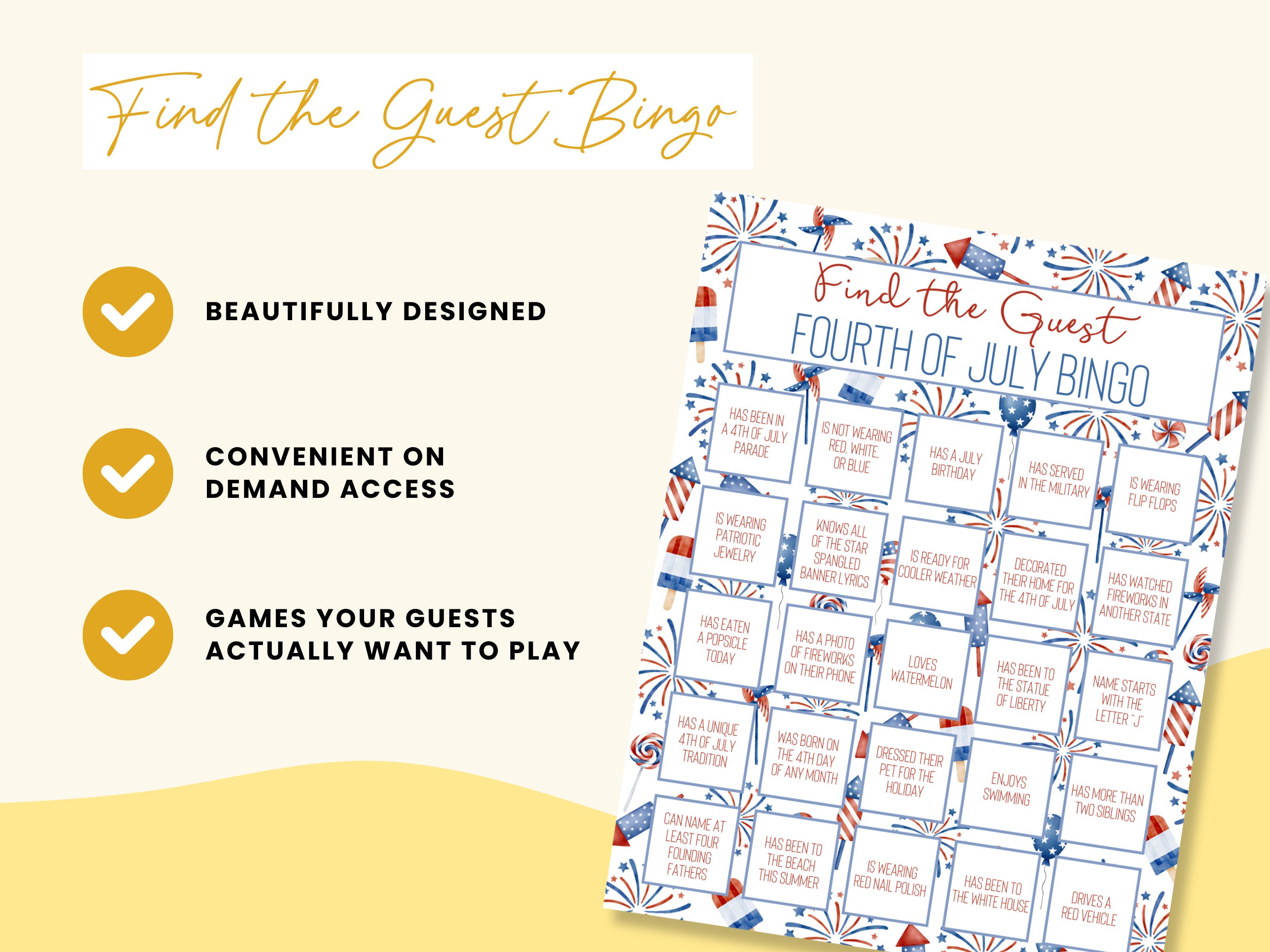 Fourth of July Party Games Bundle - Find the Guest Bingo Ice Breaker ...