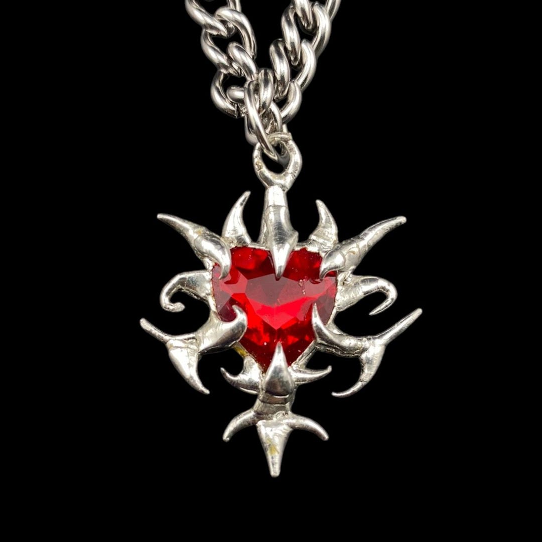 Handmade Spiky Structure Red Crystal Heart Pendant - Liquid Metal Thorn ...