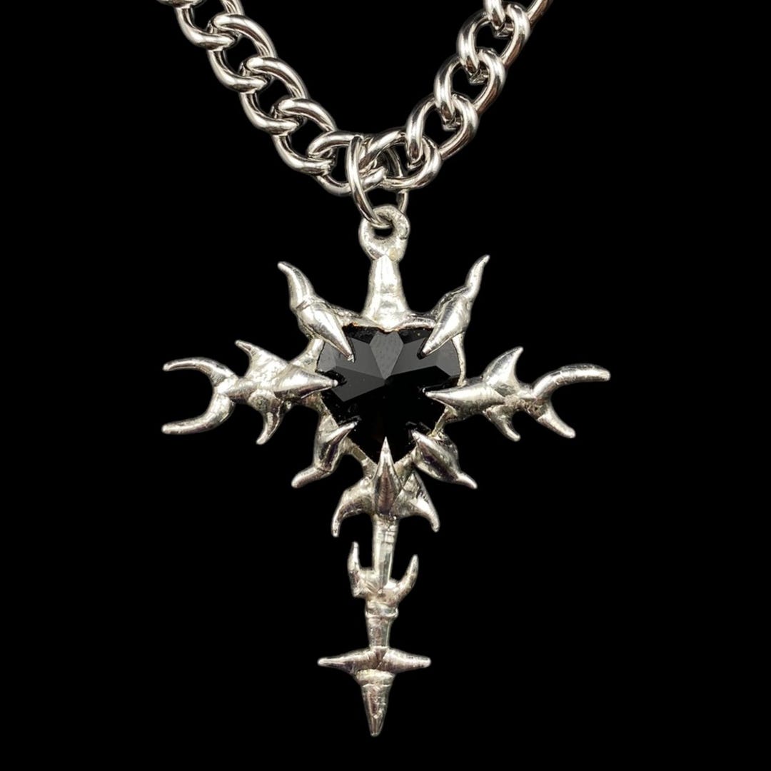 Handmade Spiky Black Heart Crystal Cross Pendant - Liquid Metal Thorn ...