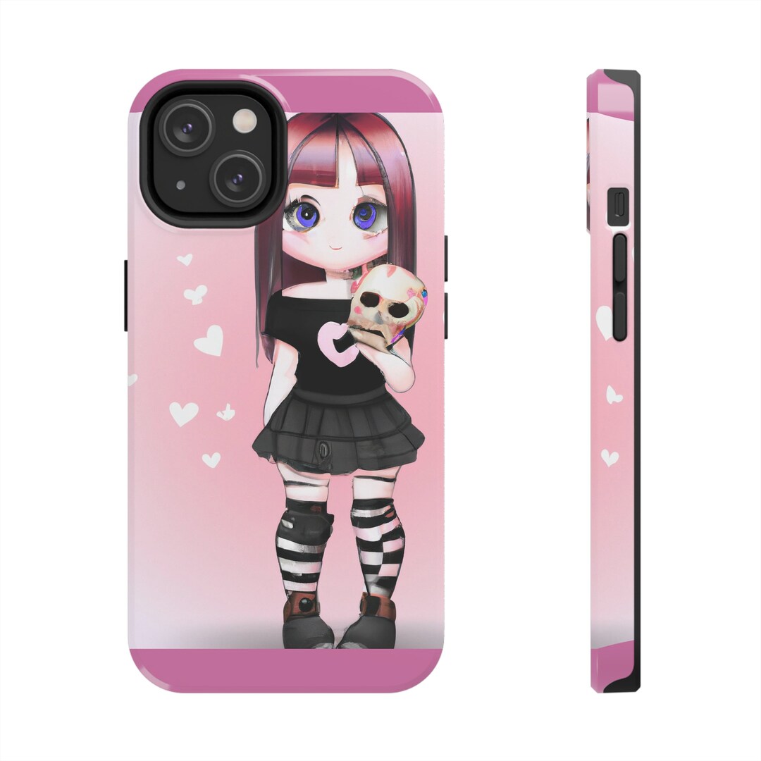 Emo Kawaii Chibi Girl in Stockings With a Pink Skull Tough Phone Cases ...