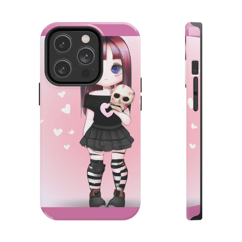 Emo Kawaii Chibi Girl in Stockings With a Pink Skull Tough Phone Cases ...