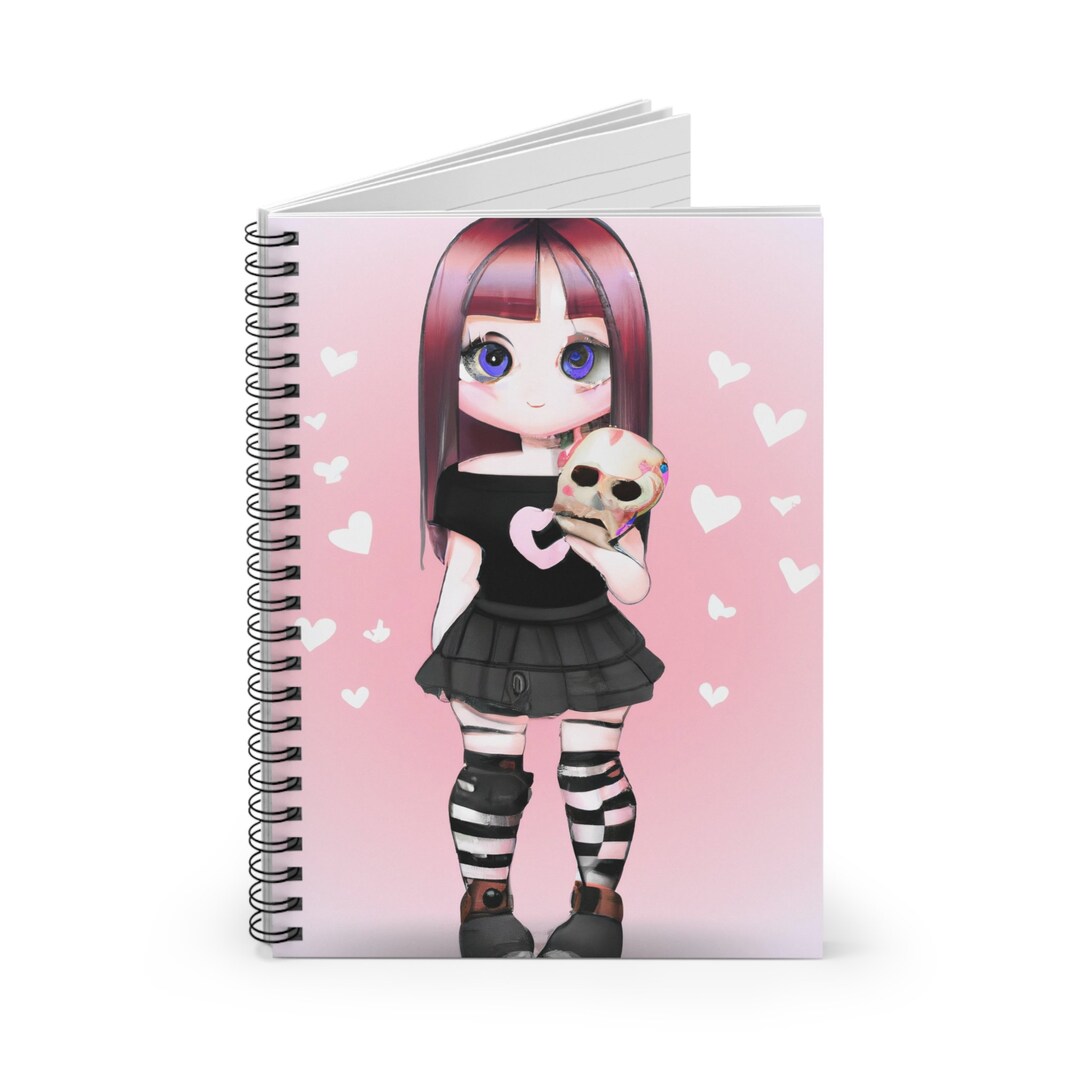 Emo Kawaii Chibi Girl in Stockings With a Pink Skull Spiral Notebook ...