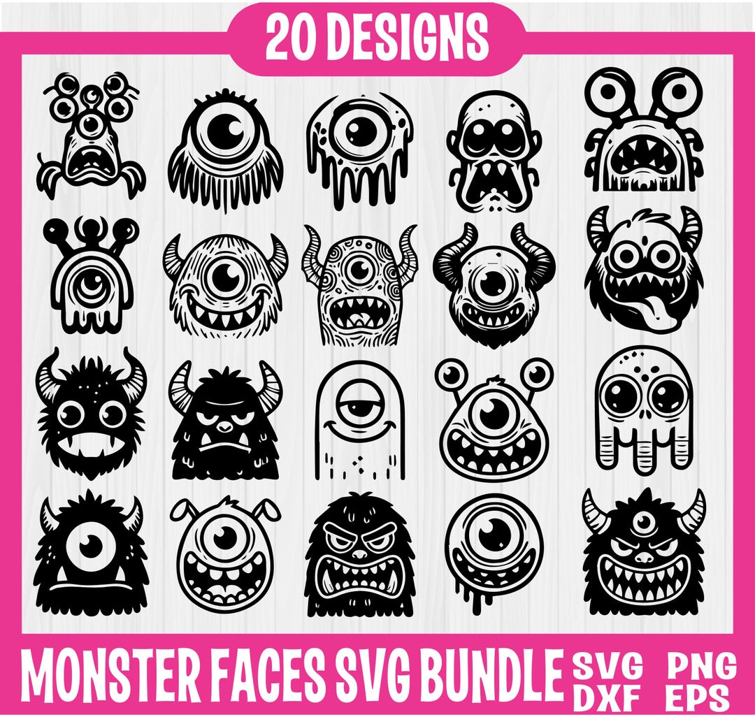 Scary Monster Faces SVG Bundle, Halloween Monster Outline Vector ...