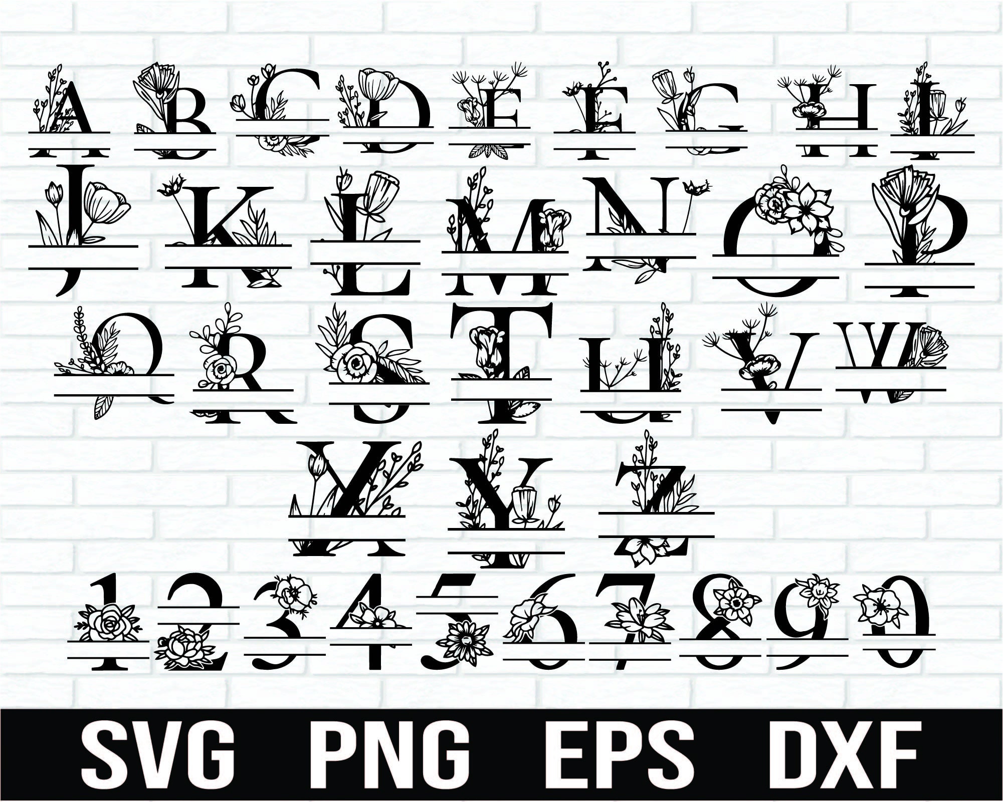 Floral Split Alphabet and Numbers Svg, Floral Monogram Alphabet, Split ...