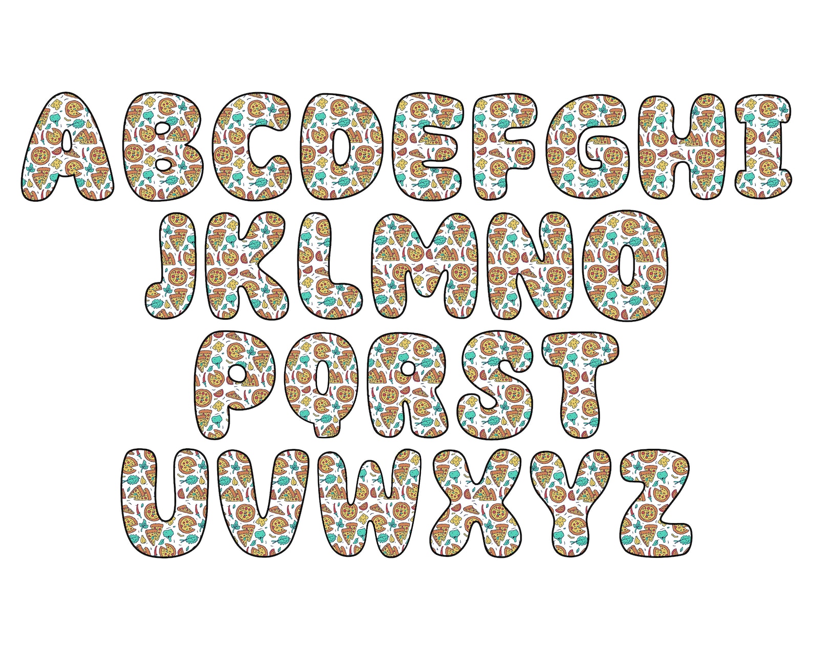 Pizza Doodle Alphabet and Numbers Sublimation Clipart PNG Bundle, Pizza ...