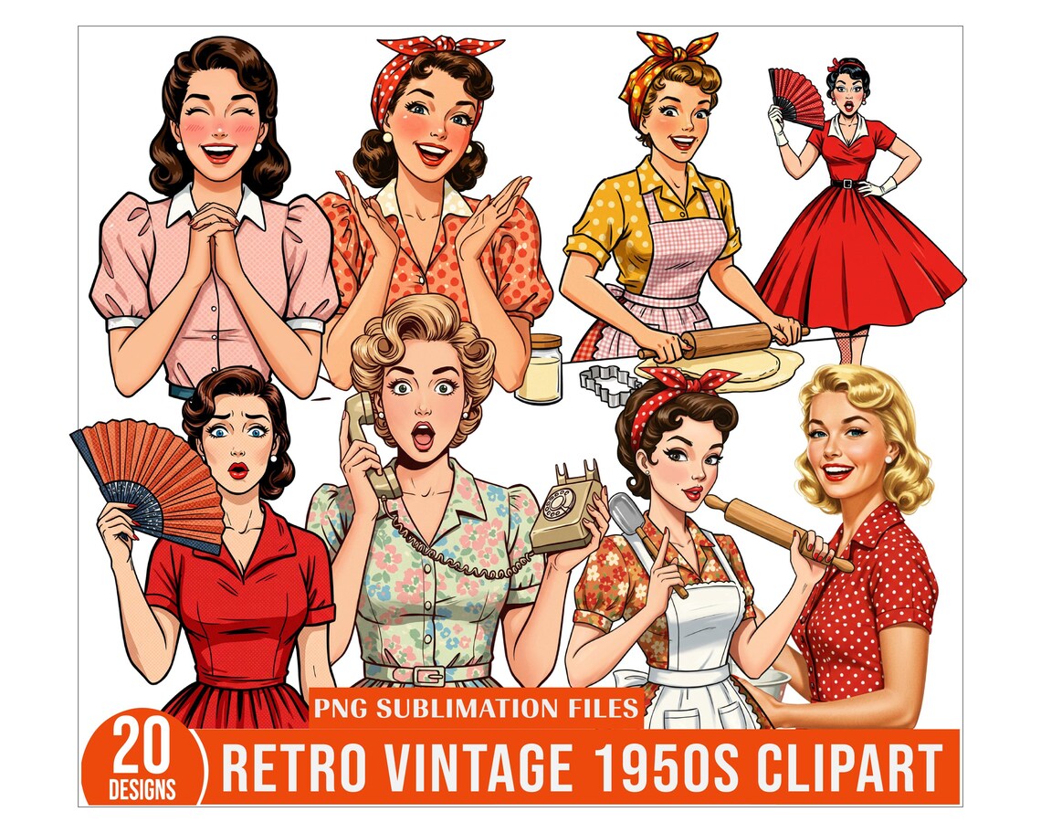 Vintage 1950s Clipart Bundle, Printable Retro 1950s Ladies Housewife ...