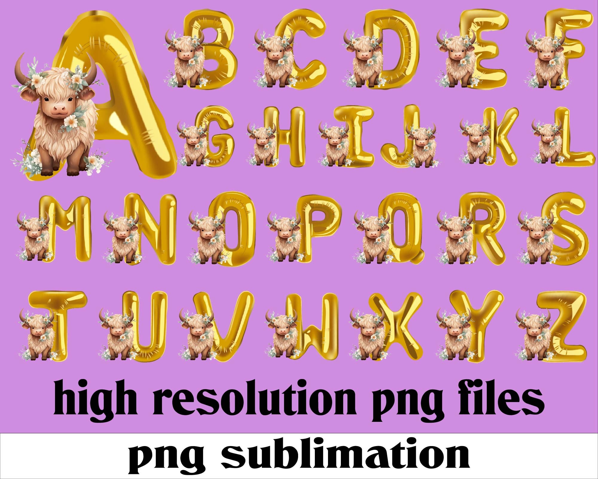 Highland Cow Alphabet Png Bundle Gold Highland Cow Alphabet - Etsy