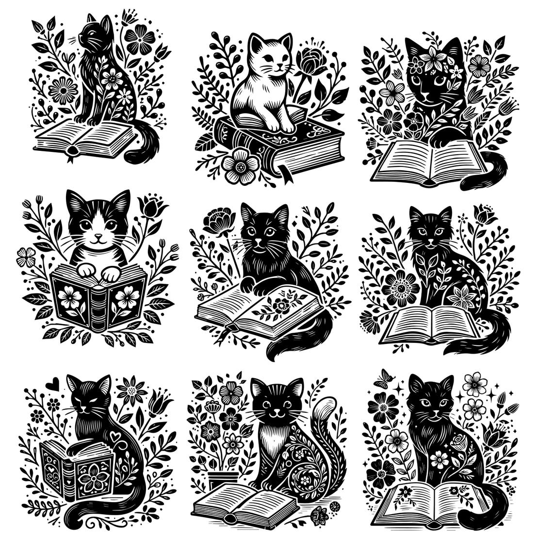Book Cat Svg Bundle, Floral Book Svg, Cat Reading Svg, Book Lovers Png ...