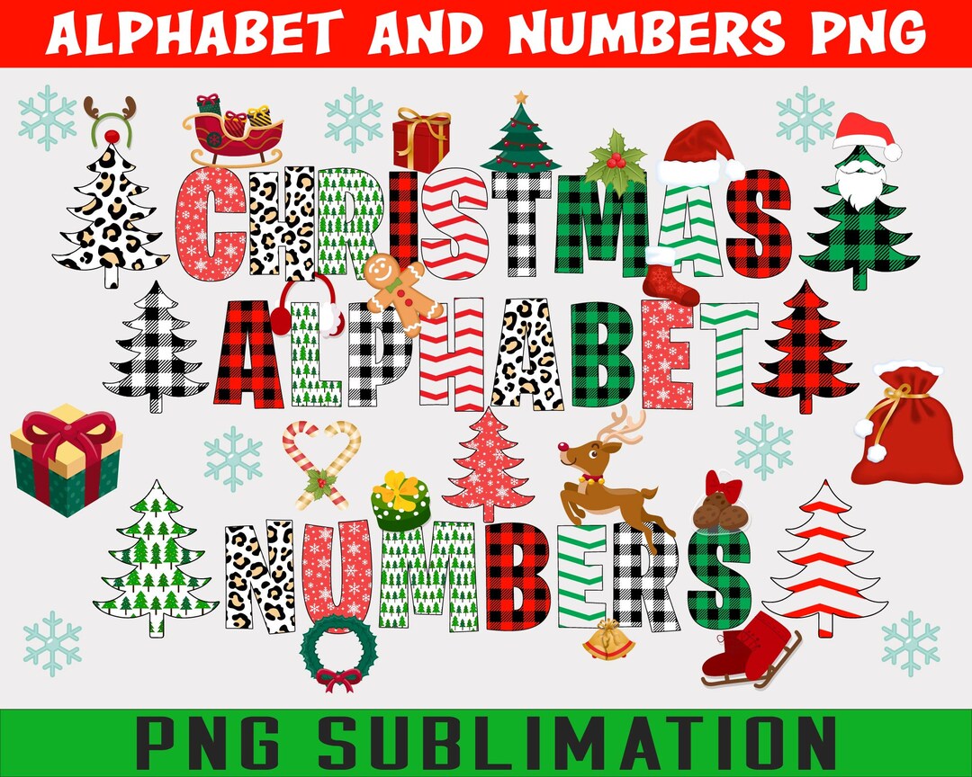 Christmas Alphabet and Numbers Png Bundle, Merry Christmas Doodle ...