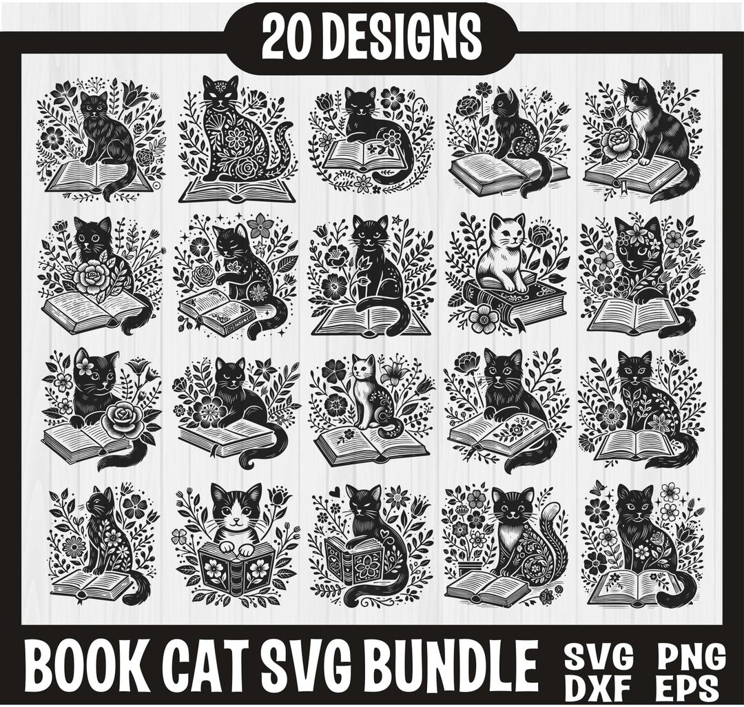 Book Cat Svg Bundle, Floral Book Svg, Cat Reading Svg, Book Lovers Png ...