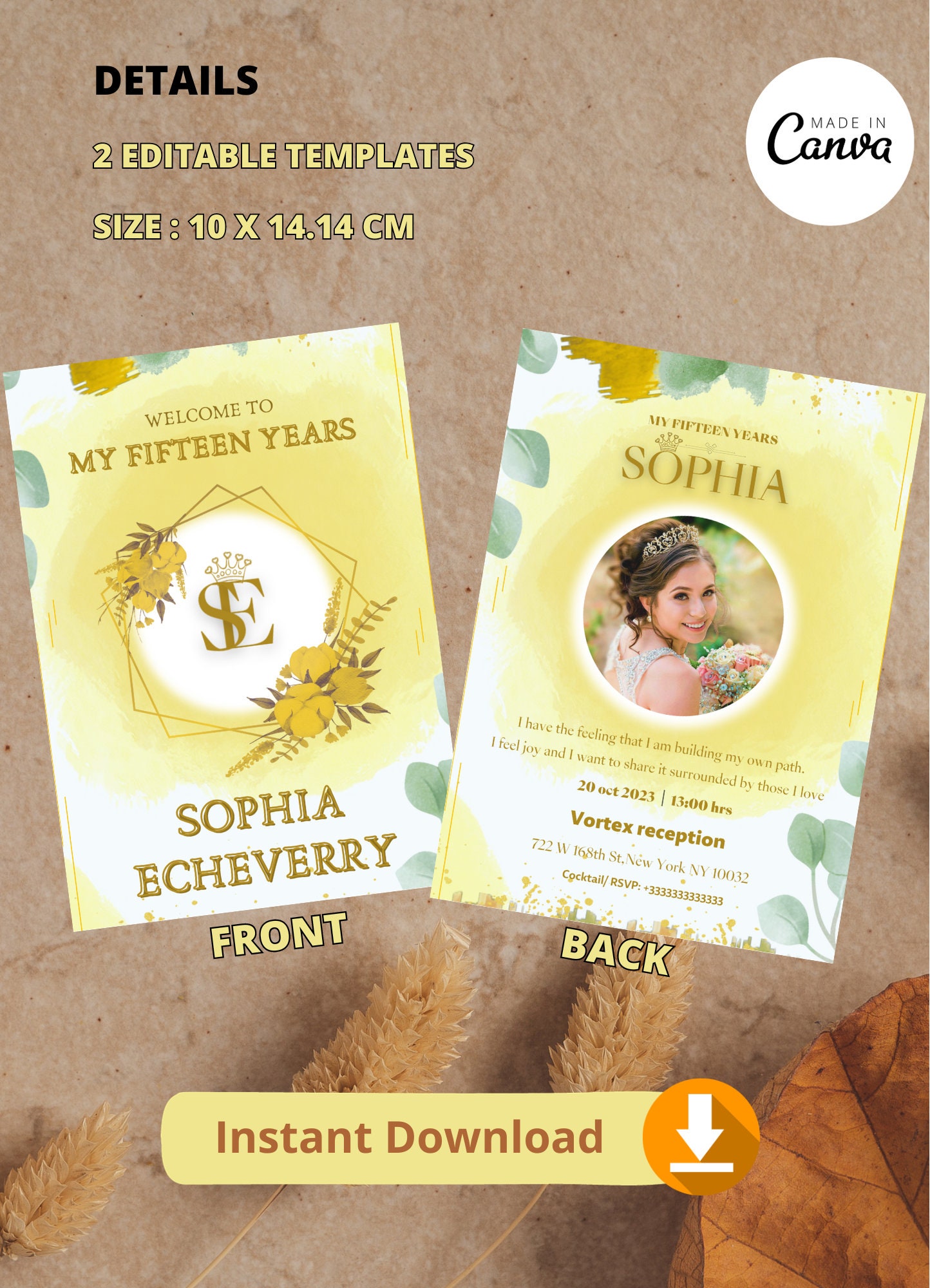 Editable Invitation for Fifteen Years, Template to Edit Yellow With ...