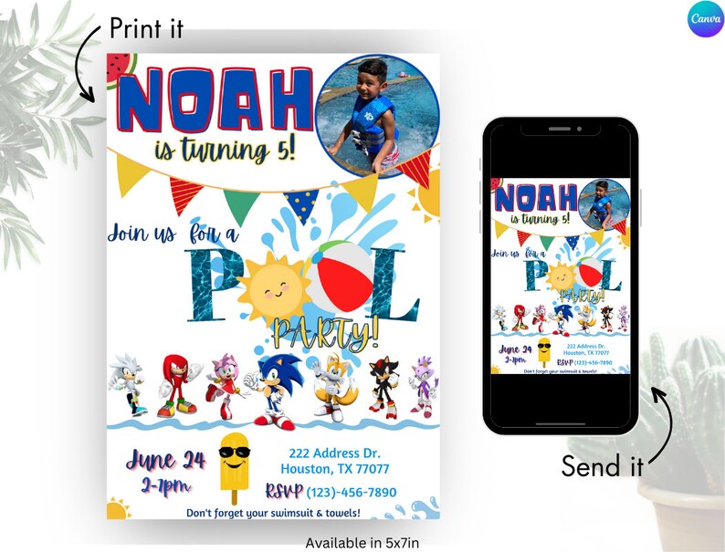 Sonic Theme Party Invitation, Pool Party Invitation, Sonic Pool Party ...