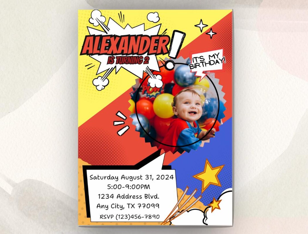 Editable Superhero Comic Book Birthday Invitation Template | CANVA ...