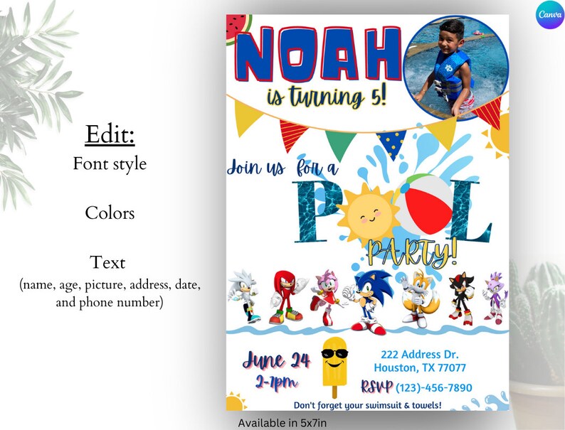 Sonic Theme Party Invitation, Pool Party Invitation, Sonic Pool Party ...