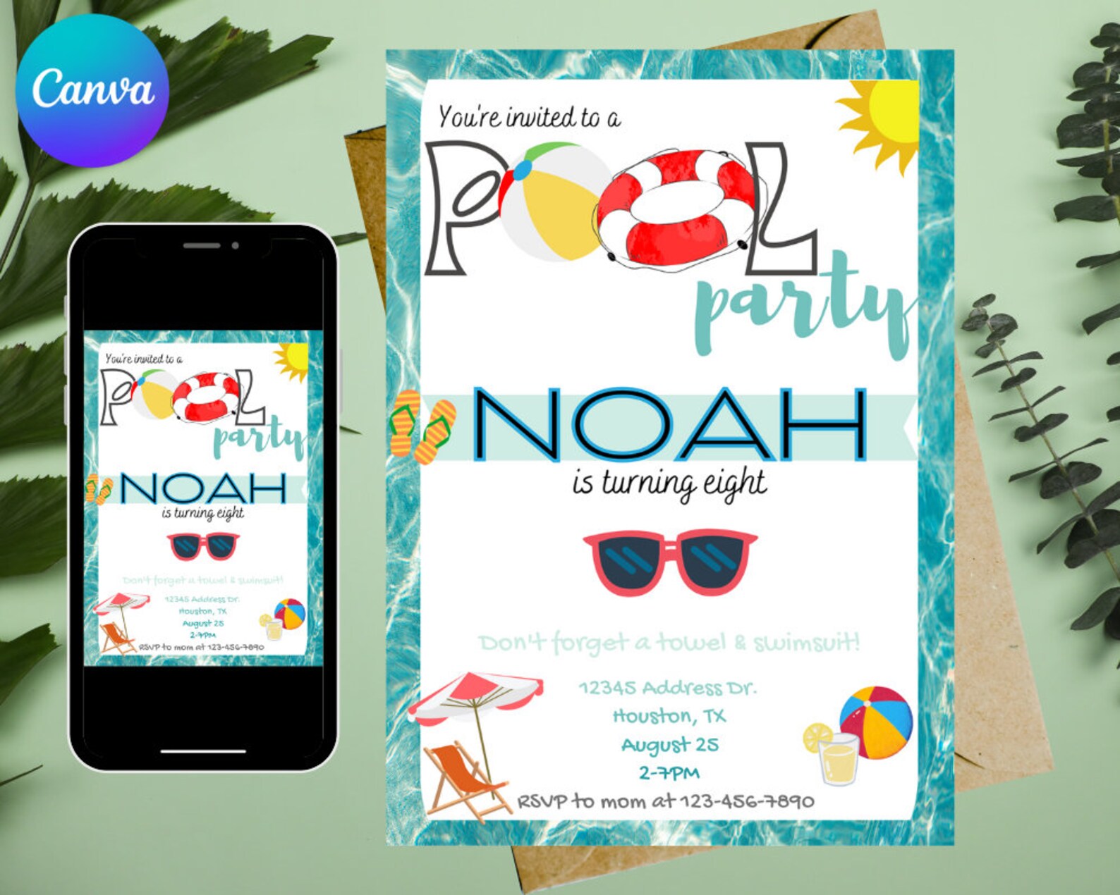 Birthday Pool Party Invitation, Pool Party Template, Printable Pool ...