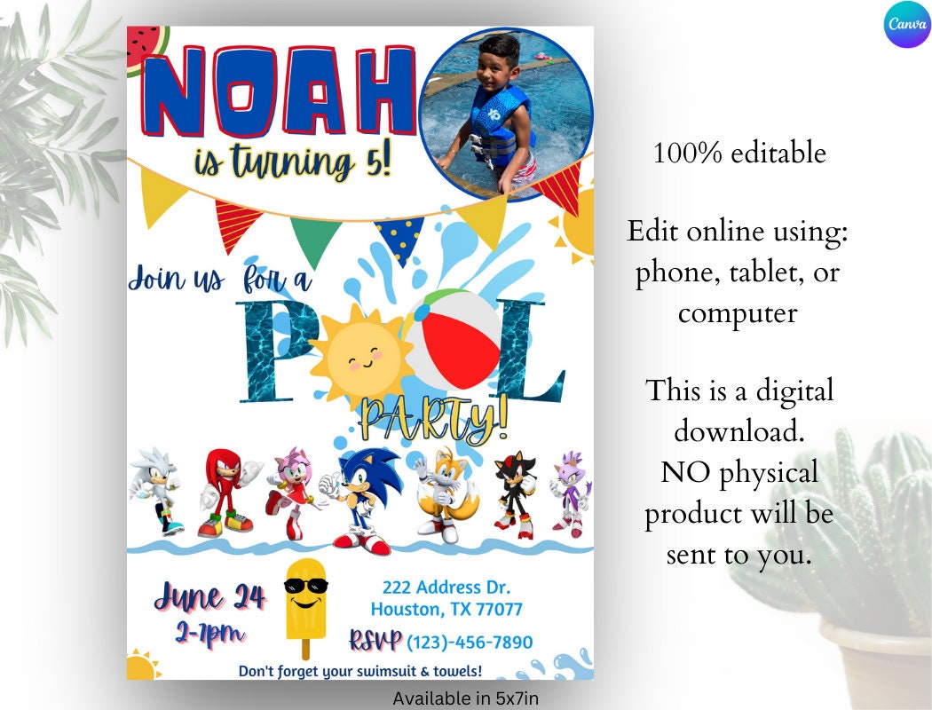 Sonic Theme Party Invitation, Pool Party Invitation, Sonic Pool Party ...