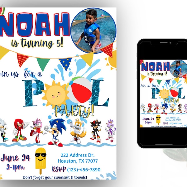 Sonic Pool Party Digital Invitation - Etsy