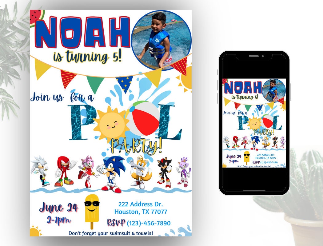 Sonic Theme Party Invitation, Pool Party Invitation, Sonic Pool Party ...