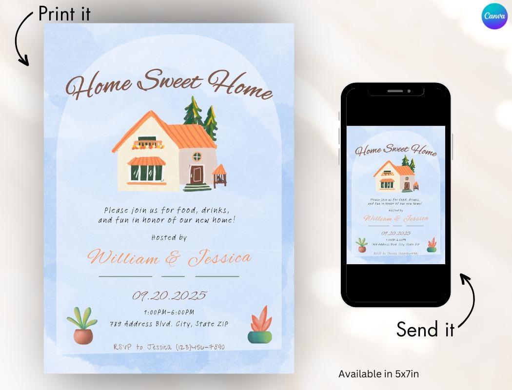Editable BOHO Housewarming Invitation | Home Sweet Home Canva Template ...