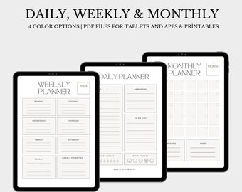 Daily Weekly Monthly Planner Bundle, Digital Planner Template Set for ...