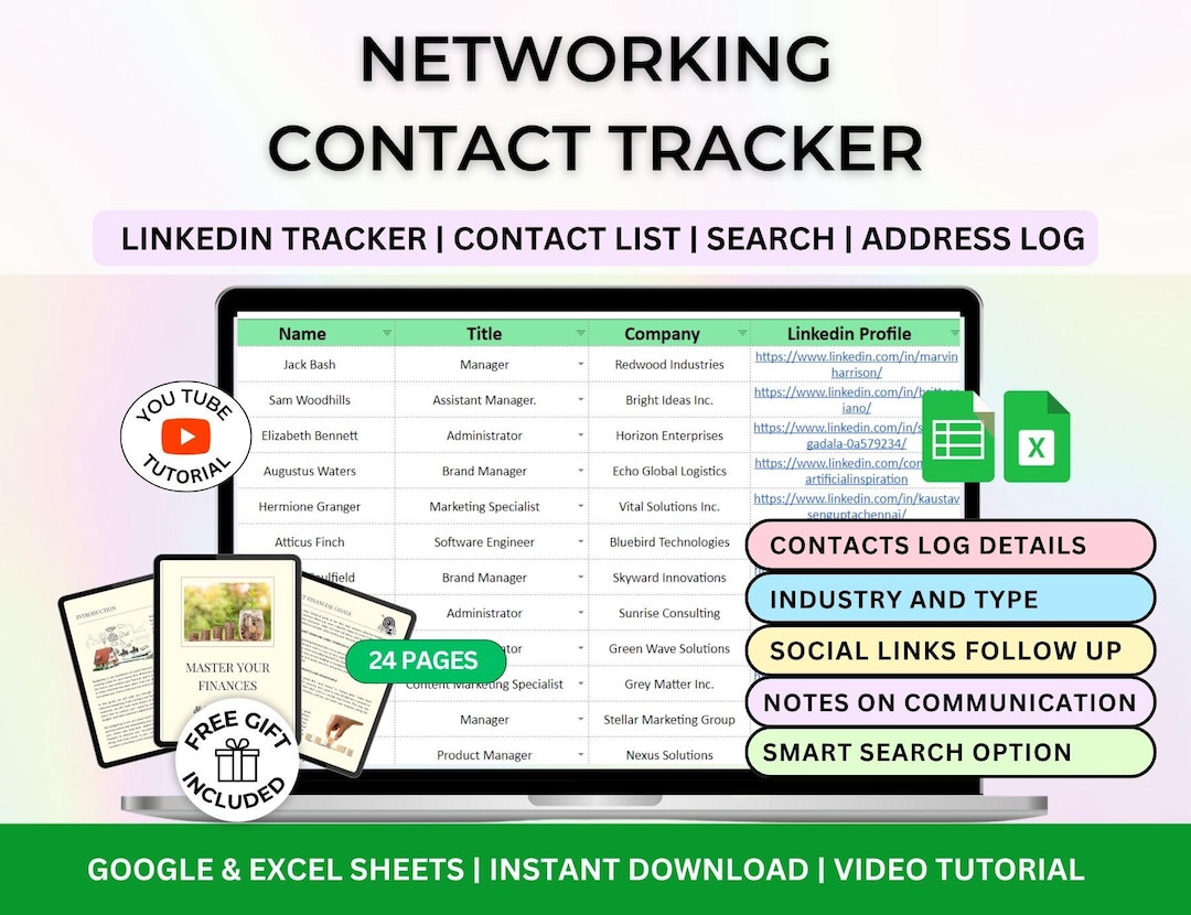 Contact List Template, Networking Spreadsheet, Address List, Contact ...