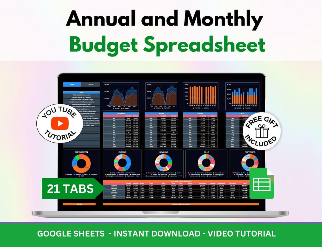 Annual & Monthly Budget Spreadsheet Dark Mode Digital Budget Google ...