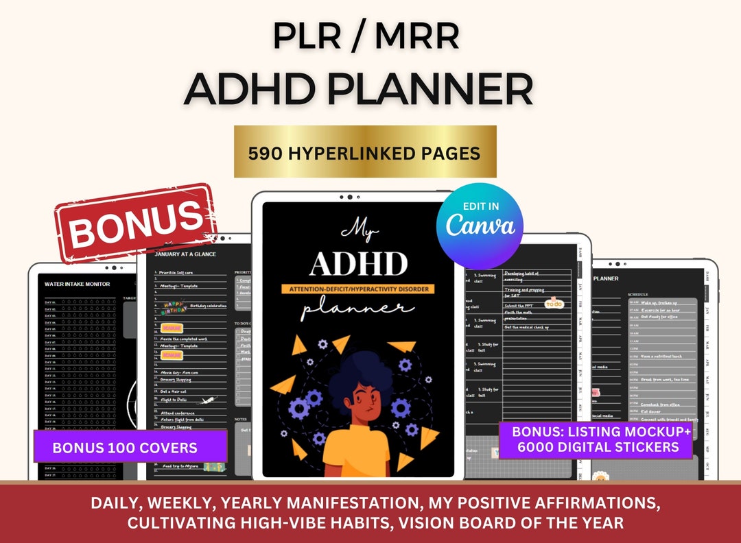 MRR PLR Dark Adhd Planner, PLR Digital Planner, Plr Journal, Master ...