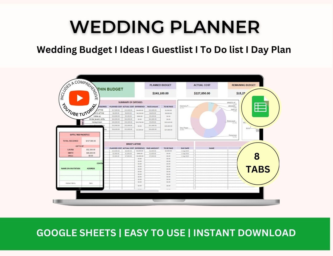Wedding Spreadsheet Planner Digital Template Google Sheets, Wedding ...