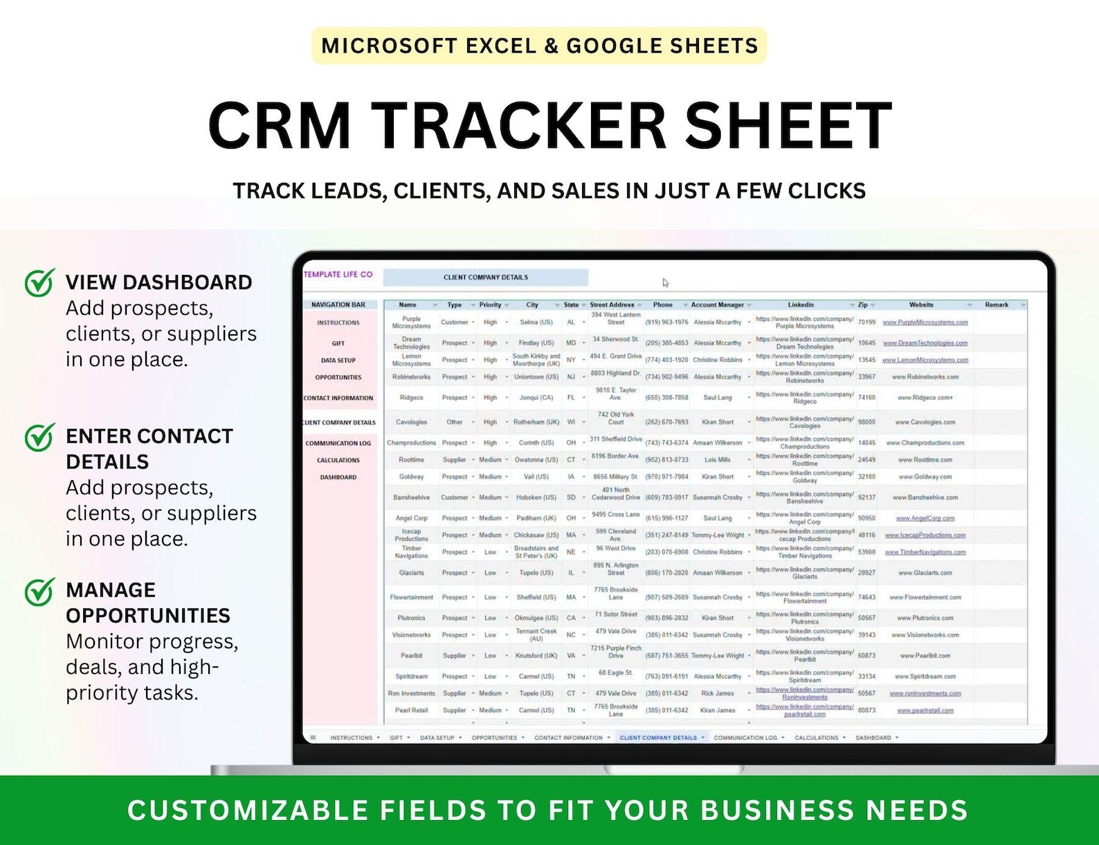 CRM Template Spreadsheet Excel and Google Sheets CRM Business ...