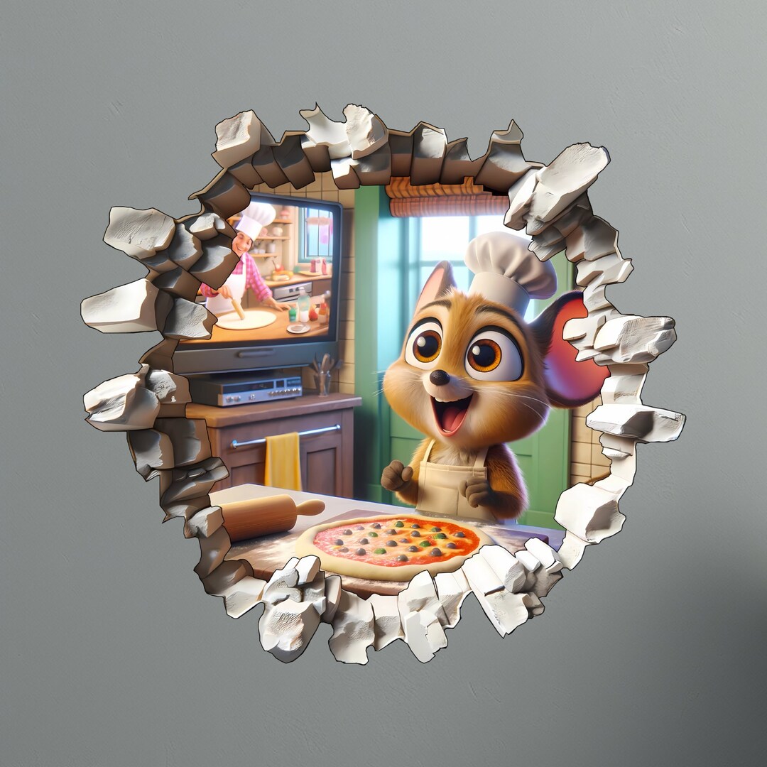 Kitchen Pizza Party Mouse Hole Decal Mouse Chef's TV Time Vinyl Wall ...