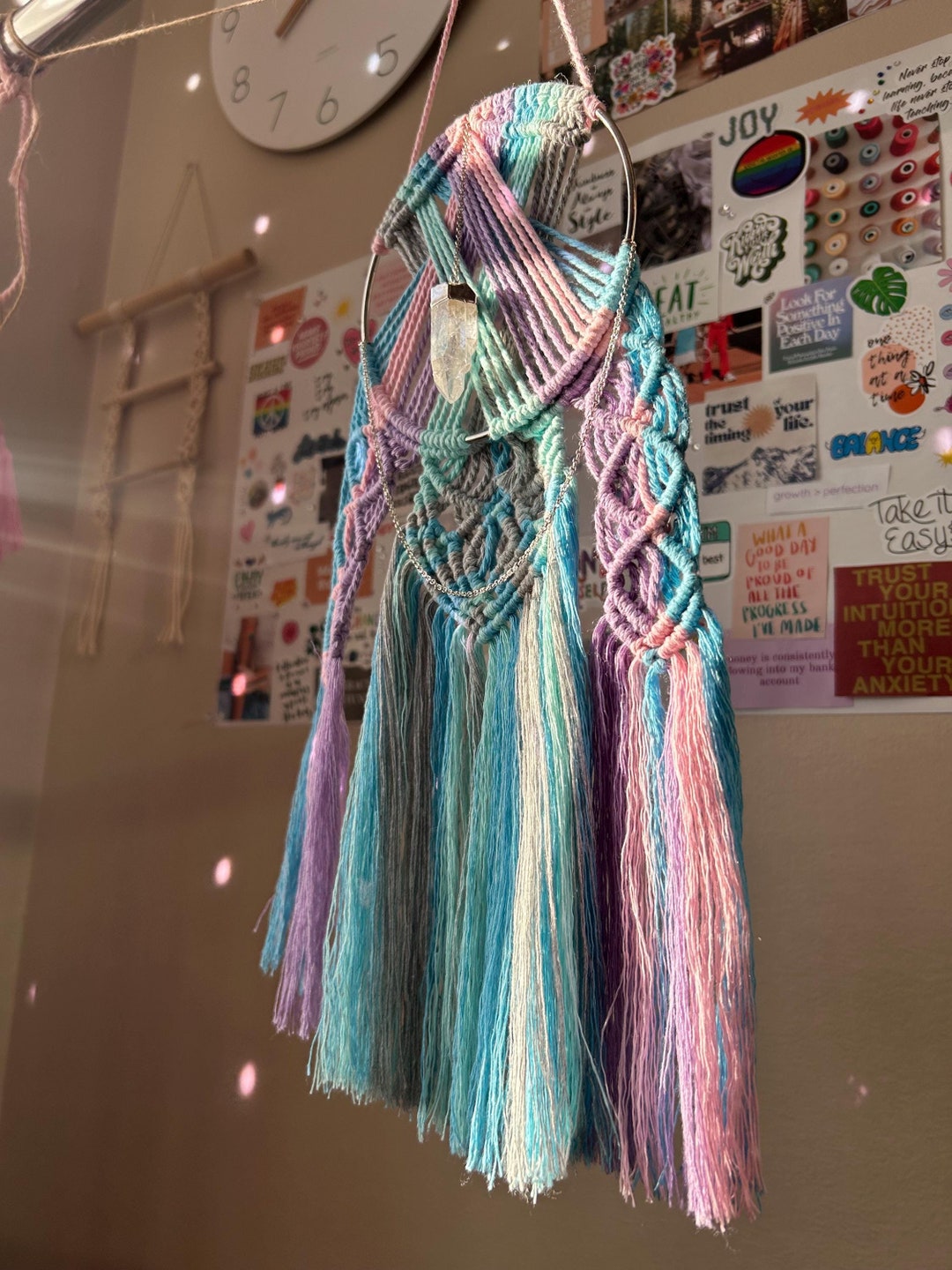 Handmade Pastel Macrame Wall Hanging With Clear Quartz Crystal - Etsy