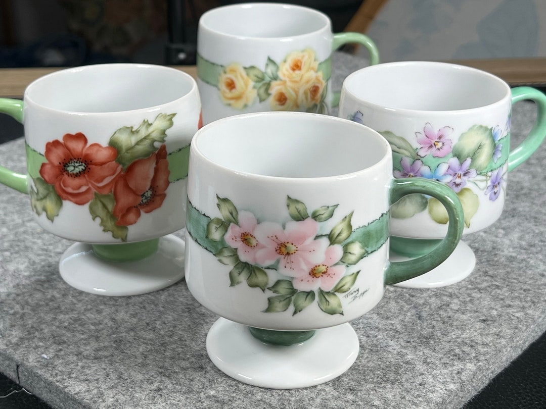 Vintage 1980s Hand-painted Floral Pedestal Mugs set of 4 - Etsy