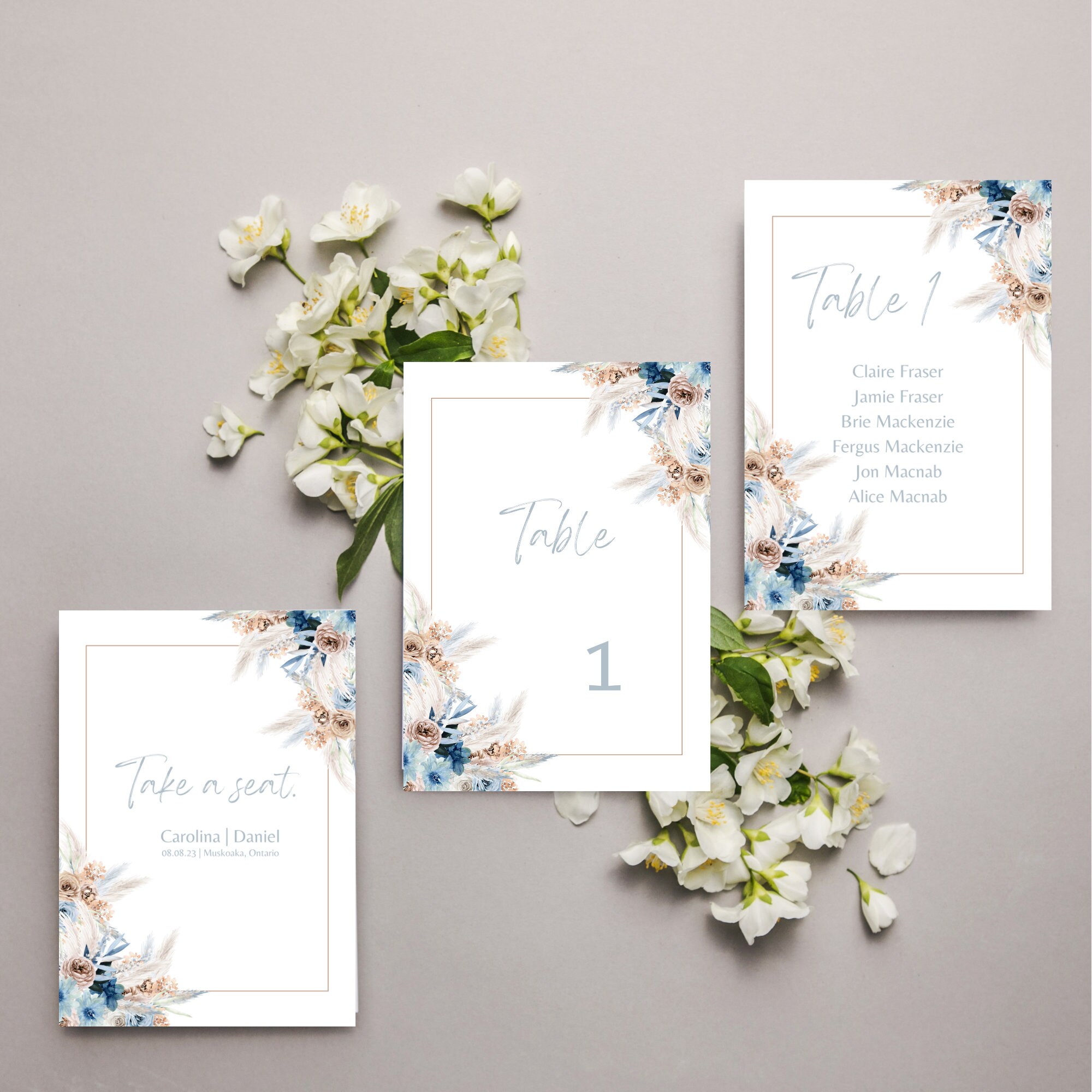 Boho Blue Wedding Seating Chart & Table Number, Editable Template, DIY ...