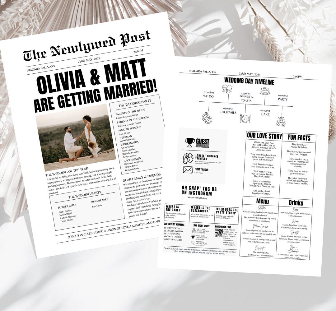 Newspaper Wedding Program Template, Editable Newspaper Wedding Program ...