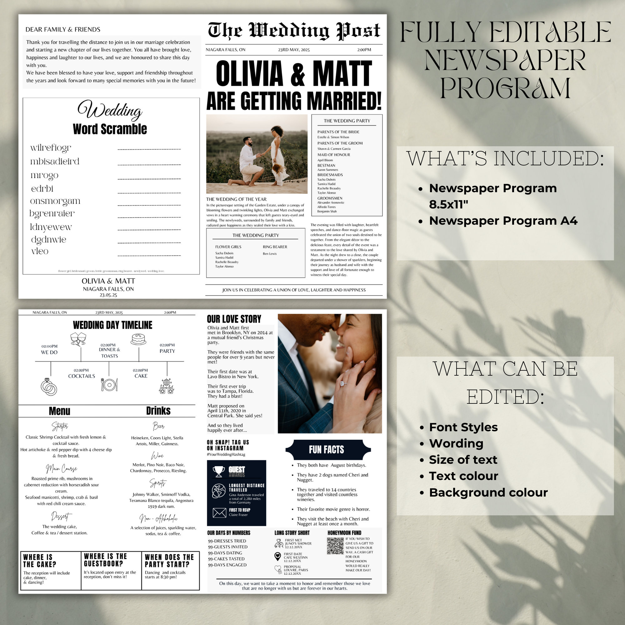 Newspaper Wedding Program Template, Printable Wedding Infographic ...