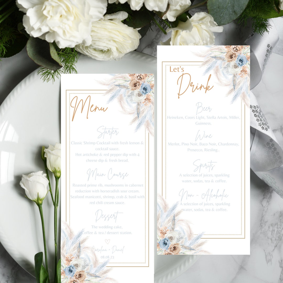 Boho Blue Editable Menu Template, Editable Drink Menu, Wedding Menu ...