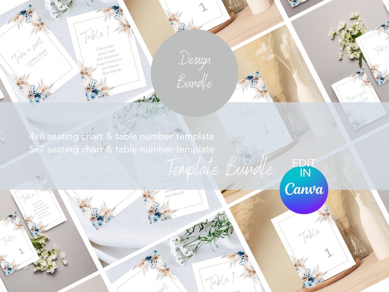 Boho Blue Wedding Seating Chart & Table Number, Editable Template, DIY ...