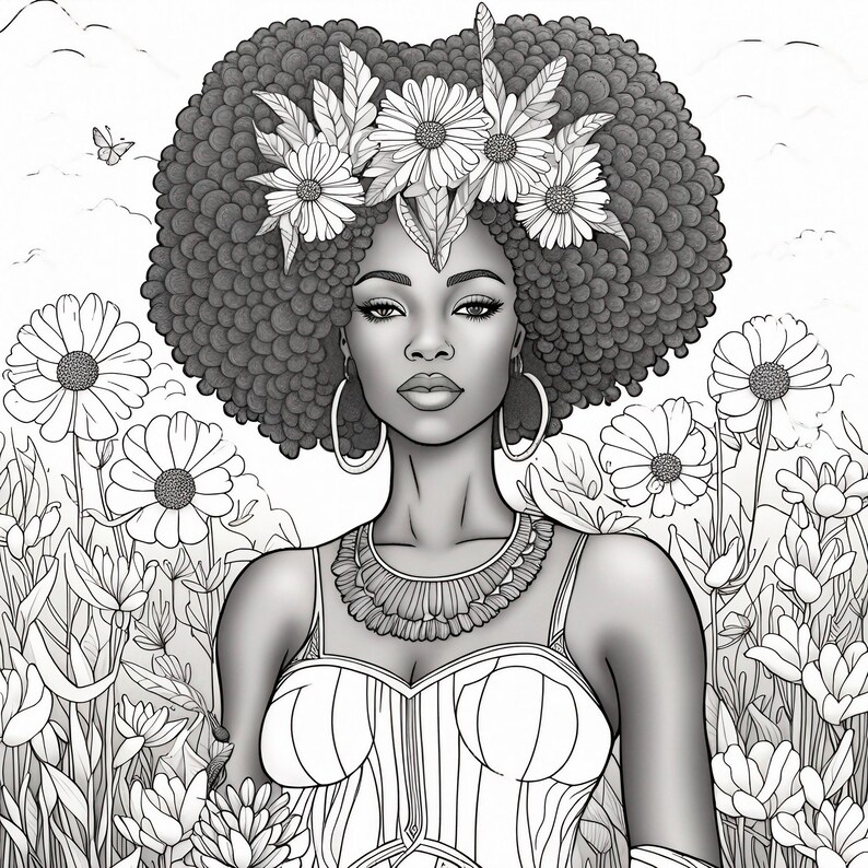 Printable Adult Coloring Page Beautiful Black Woman Grayscale