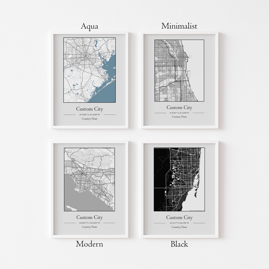 Set of 4 Custom City Map, Any Town, Any City, Personalized Map, Custom Map Print, Minimalist ...