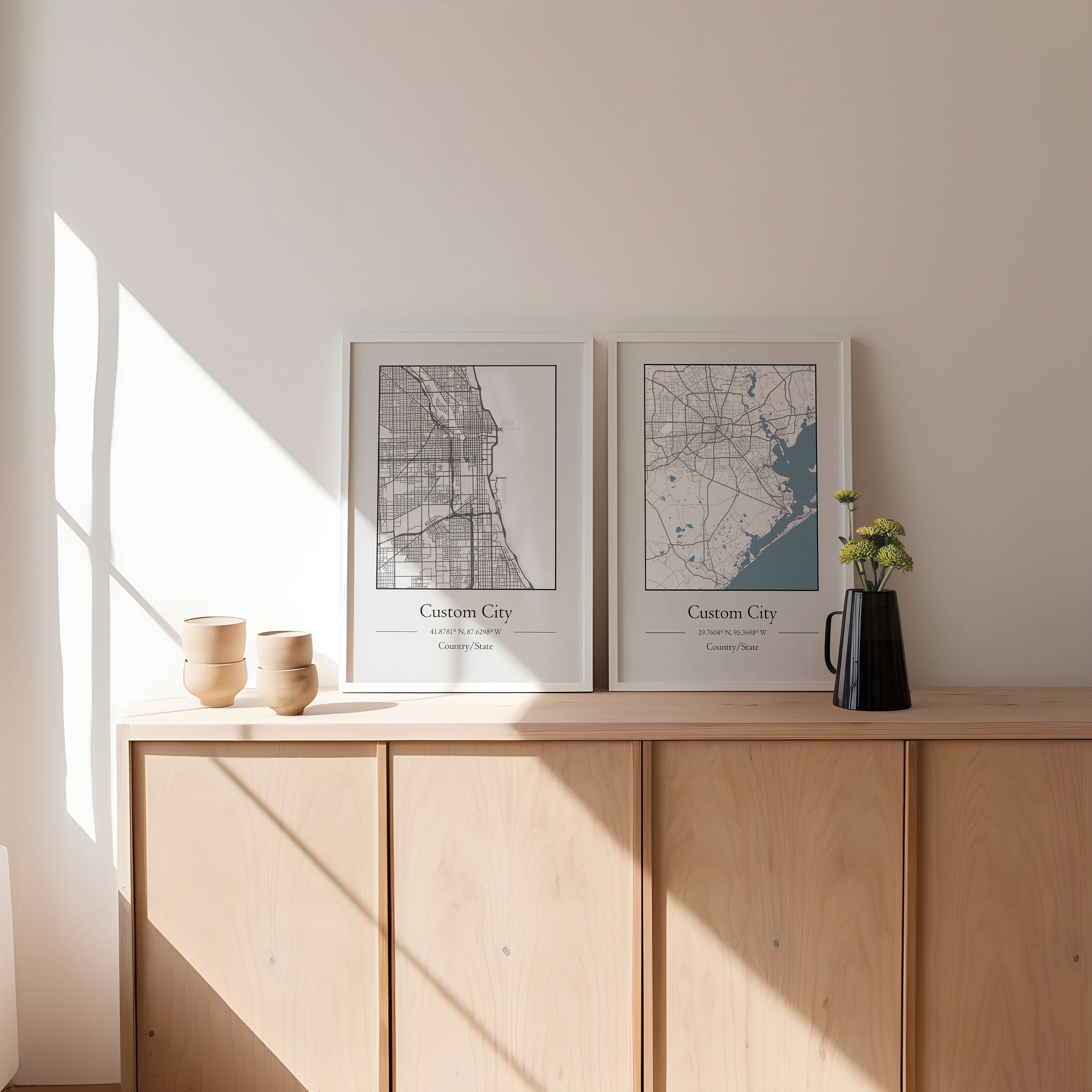 Set of 4 Custom City Map, Any Town, Any City, Personalized Map, Custom ...