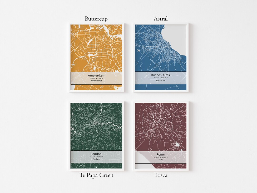 Set of 4 Custom Map, Custom Map Poster, Any Town, Personalized Map ...