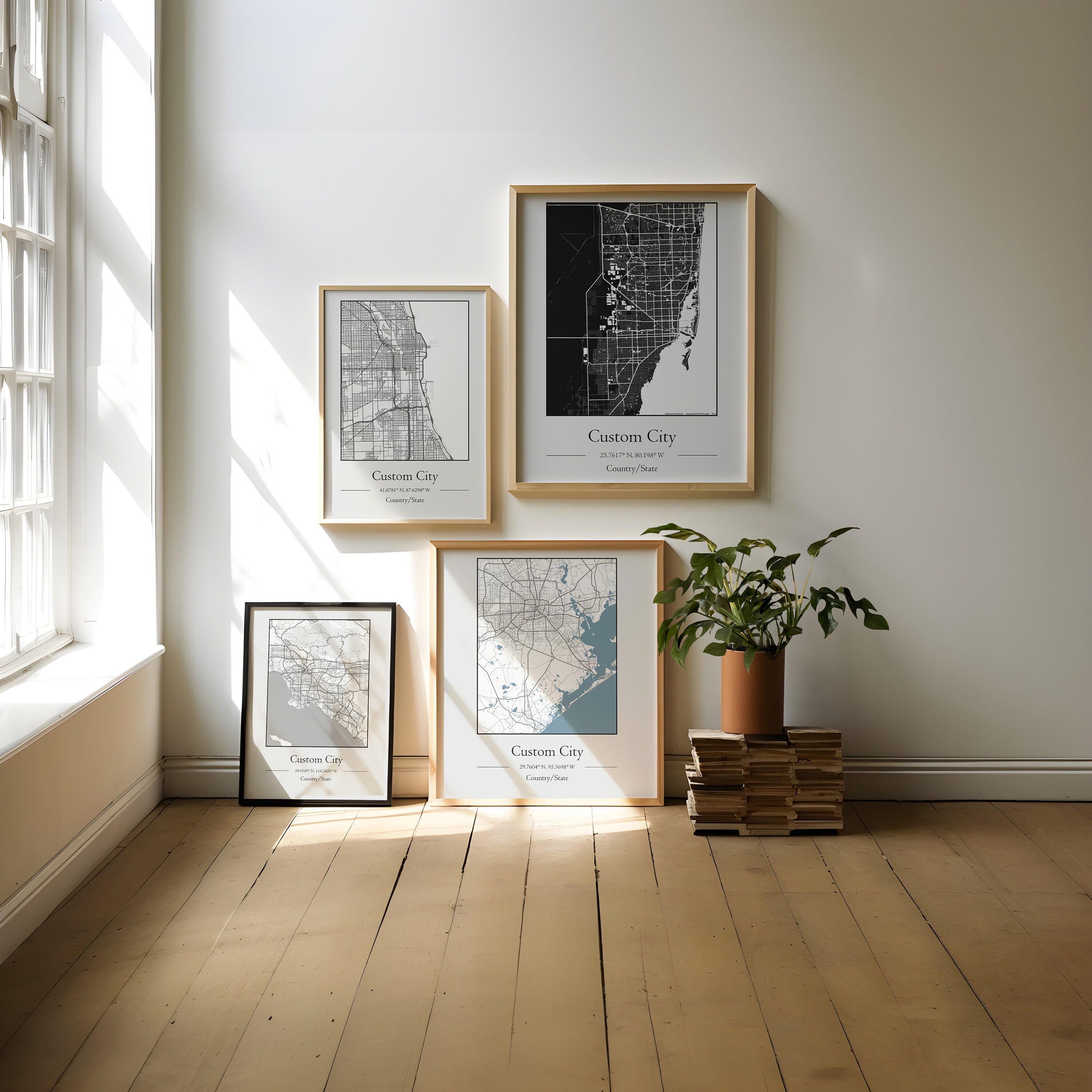 Set of 4 Custom City Map, Any Town, Any City, Personalized Map, Custom Map Print, Minimalist ...