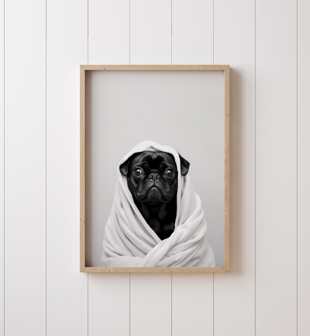 Pug Bathroom Art, Sweet Animal Art, Kids Bathroom Art, Animals in Towel ...