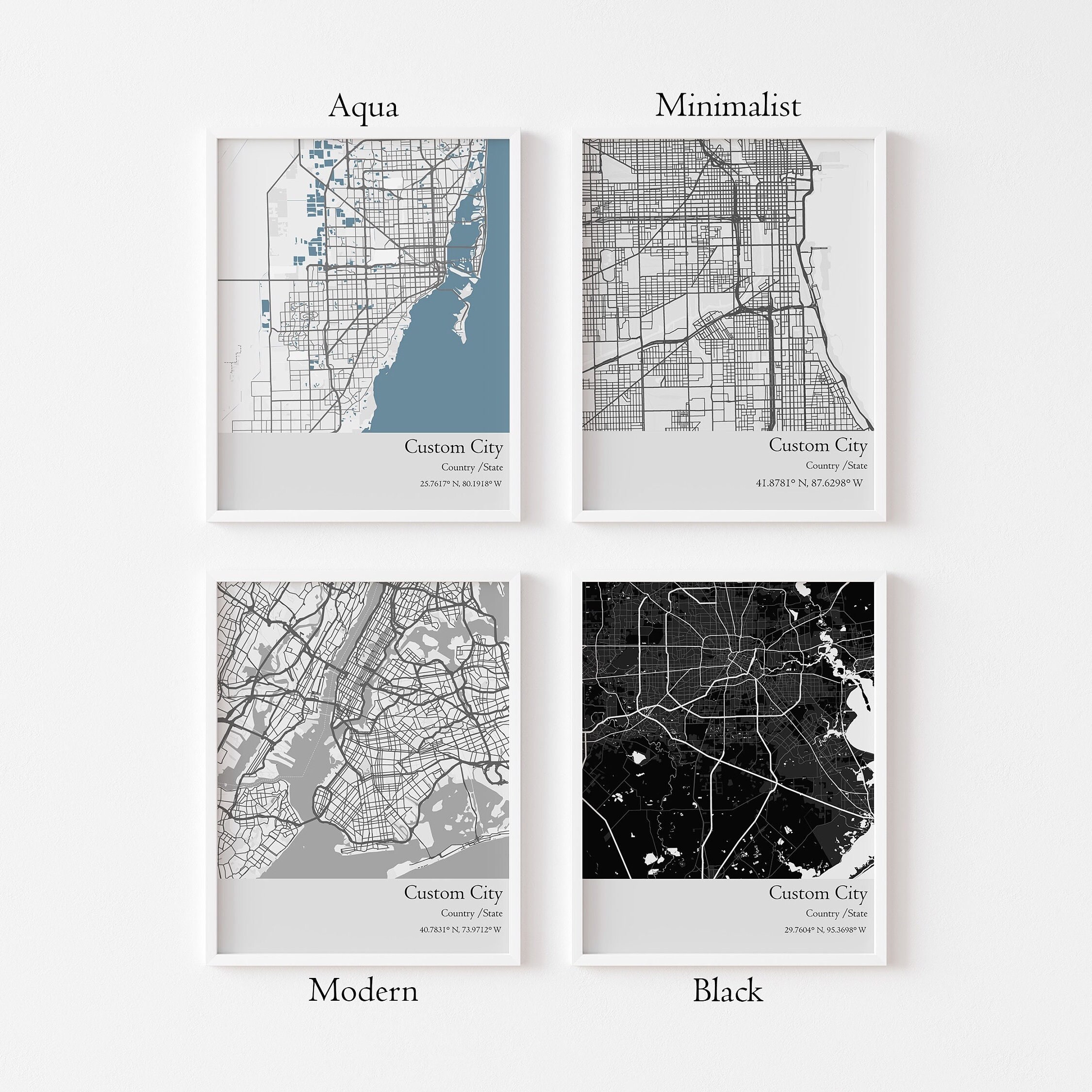 Set of 4 Custom City Map, Any Town, Any City, Personalized Map, Custom Map Print, Minimalist ...