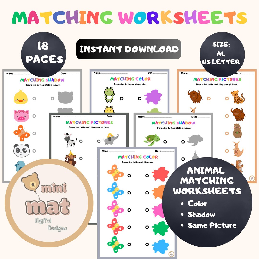 Animal Matching Worksheets for Preschool | Color, Shadow & Same Match ...