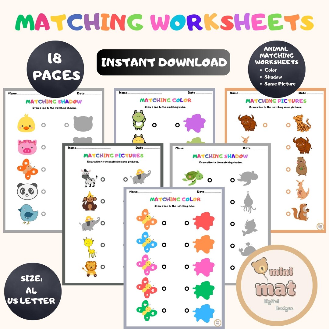 Printable Animal Matching Worksheets,kindergarten Preschool Activity ...