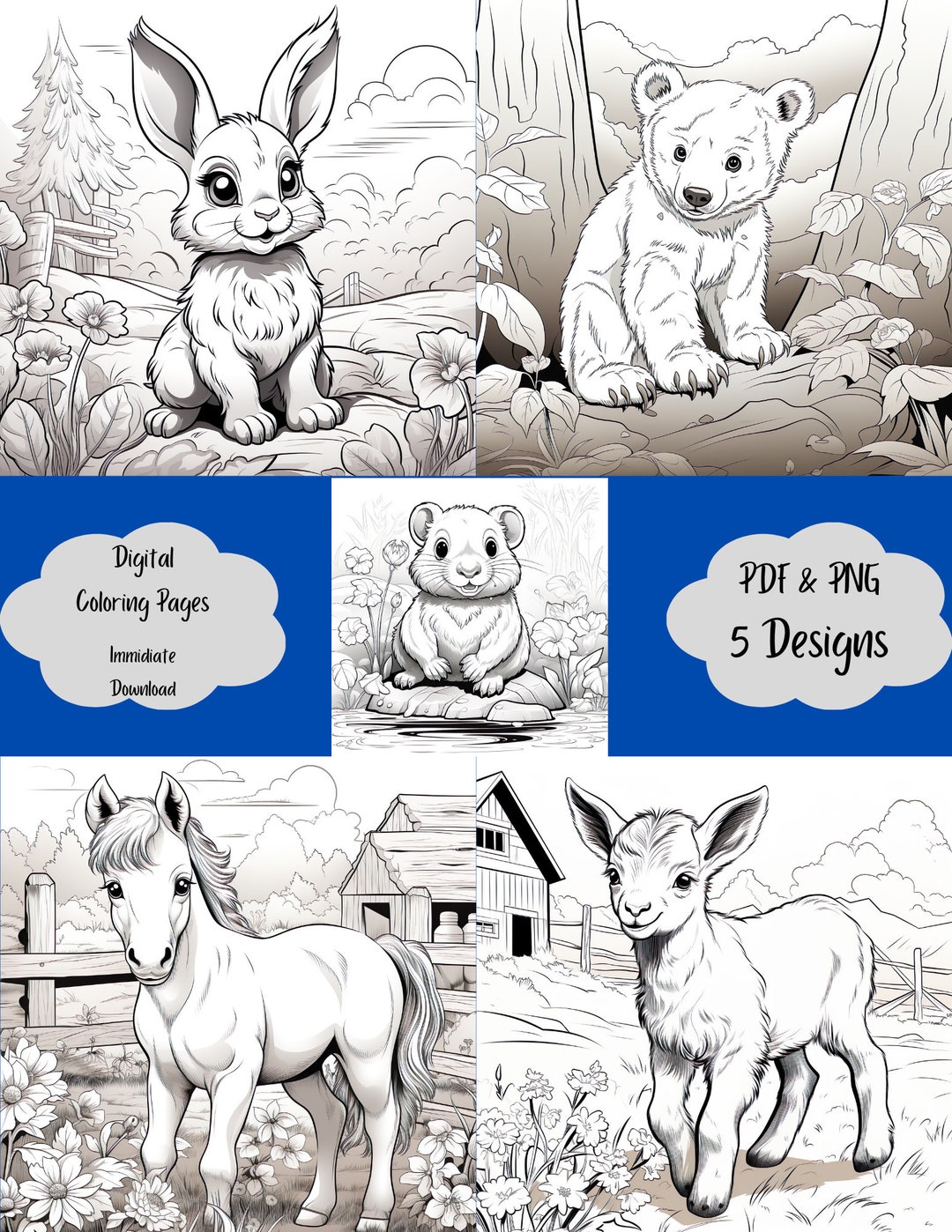 Cute Baby Animal Coloring Pages Adult and Kids Coloring Book, Animal ...
