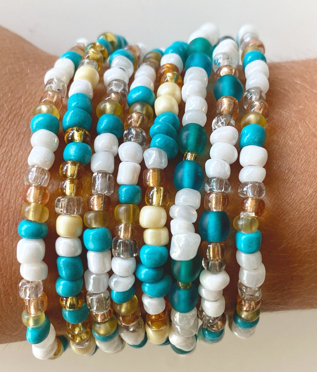 Summer Collection: Turquoise & Gold Glass Seed Bead Bracelet Beach Boho ...
